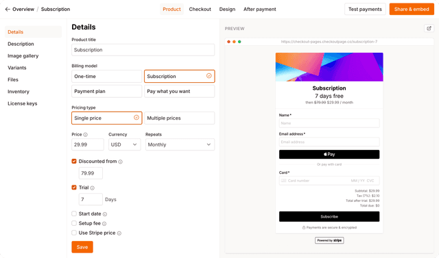 Checkout Page | Sell digital products, subscriptions and event tickets