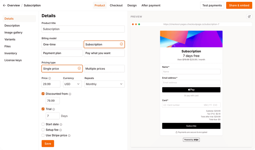 Checkout Page | Sell digital products, subscriptions and event tickets